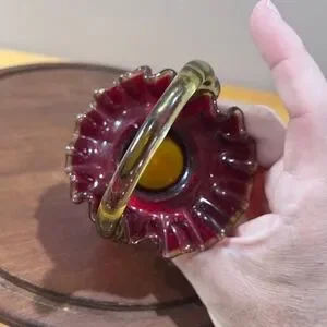 Art | Vtg Amberina Art Glass Ruffled Basket Cadmium Glow Mid Century ...